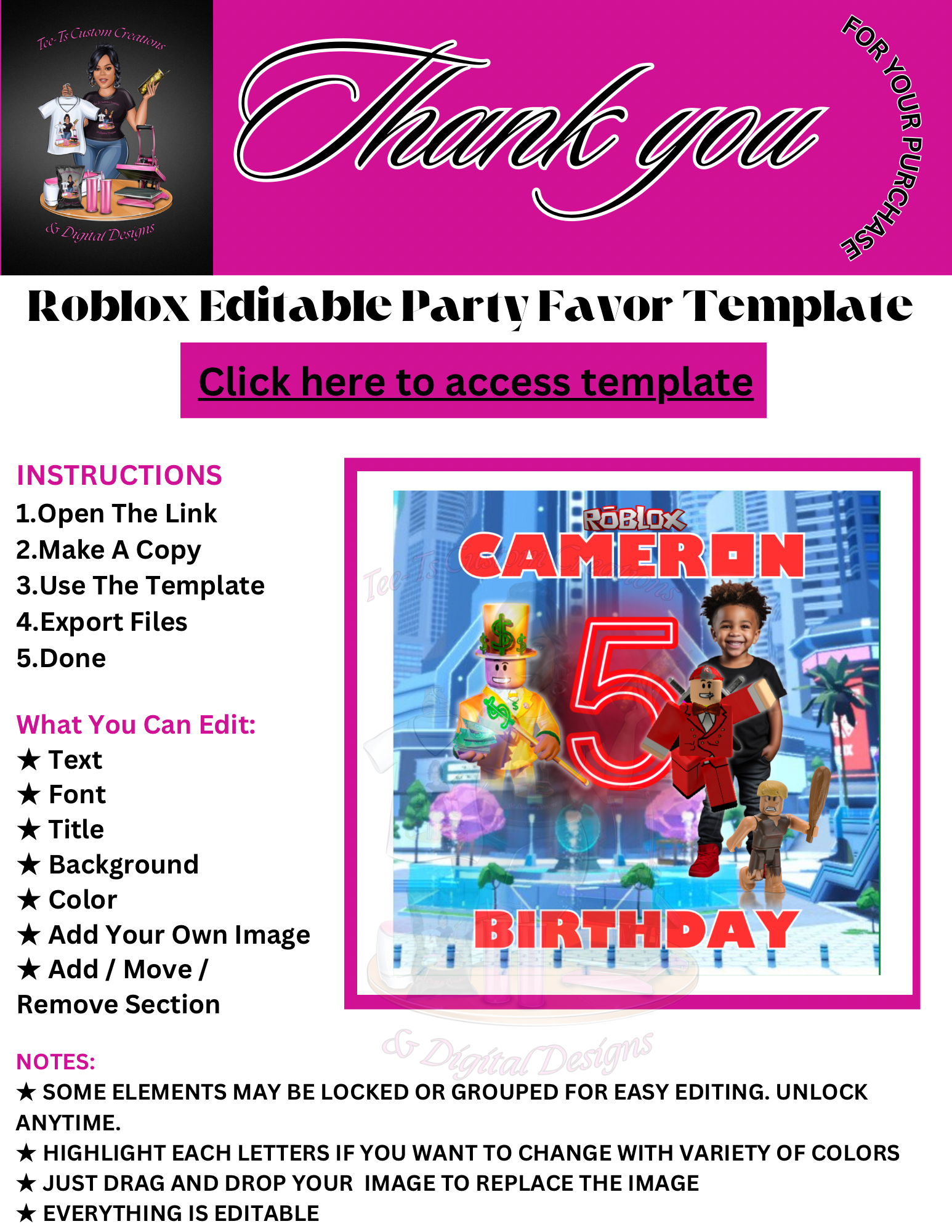 Roblox Editable Party Favor Template Bundle – Tee-Ts Custom Creations